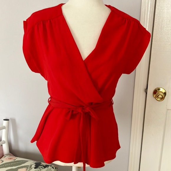 Monteau | Tops | Belted Red Wrap Top Ml Euc | Poshmark